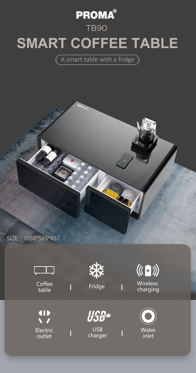 PROMA 6in1 Smart Wireless Charging Drawer Cooler Center Table with Refrigerator