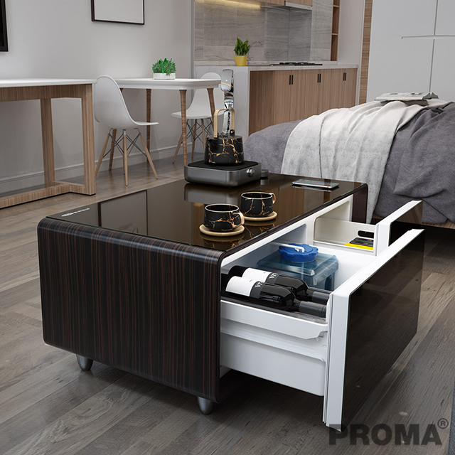 PROMA 6in1 Smart Wireless Charging Drawer Cooler Center Table with Refrigerator